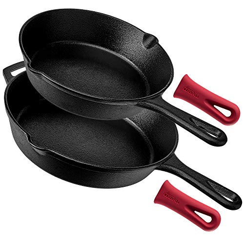 Cast Iron Skillet Set - 8" + 10"-Inch Frying Pan + 2 Heat-Resistant Handle Holder Grip Covers - Pre-Seasoned Oven Safe Cookware - Indoor/Outdoor Use - Grill, Firepit, BBQ, Stovetop, Induction Safe