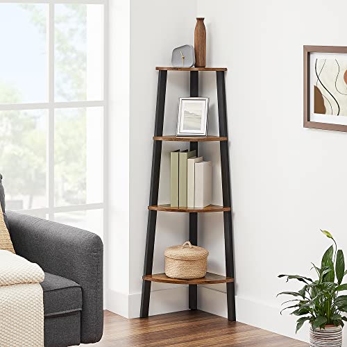 VASAGLE Corner Shelf Stand, 4-Tier Corner Bookshelf, Industrial Corner Ladder Shelf, Plant Stand Display Shelf for Living Room, Office, Kitchen, Rustic Brown and Black ULLS34X