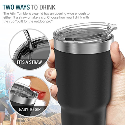 Atlin Tumbler [30 oz. Double Wall Stainless Steel Vacuum Insulation] - Black Travel Mug [Crystal Clear Lid] Water Coffee Cup [Straw + Handle Included]For Home, Office, School, Ice Drink, Hot Beverage