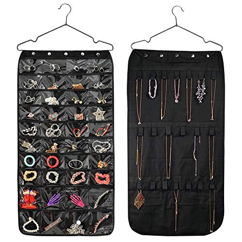 Hanging Jewelry Organizer Double Sided 40 Pockets & 20 Magic Tape Hook Storage Bag Closet Storage for Earrings Necklace Bracelet Ring Display Pouch (Black)