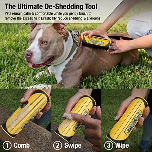 King Kanine | King Komb | Deshedding Tool | Top & Undercoat | Self Clean | Retractable Blades | 3 Metal Deshedding Edges | Rubber Bristles for Grooming | Large Yellow