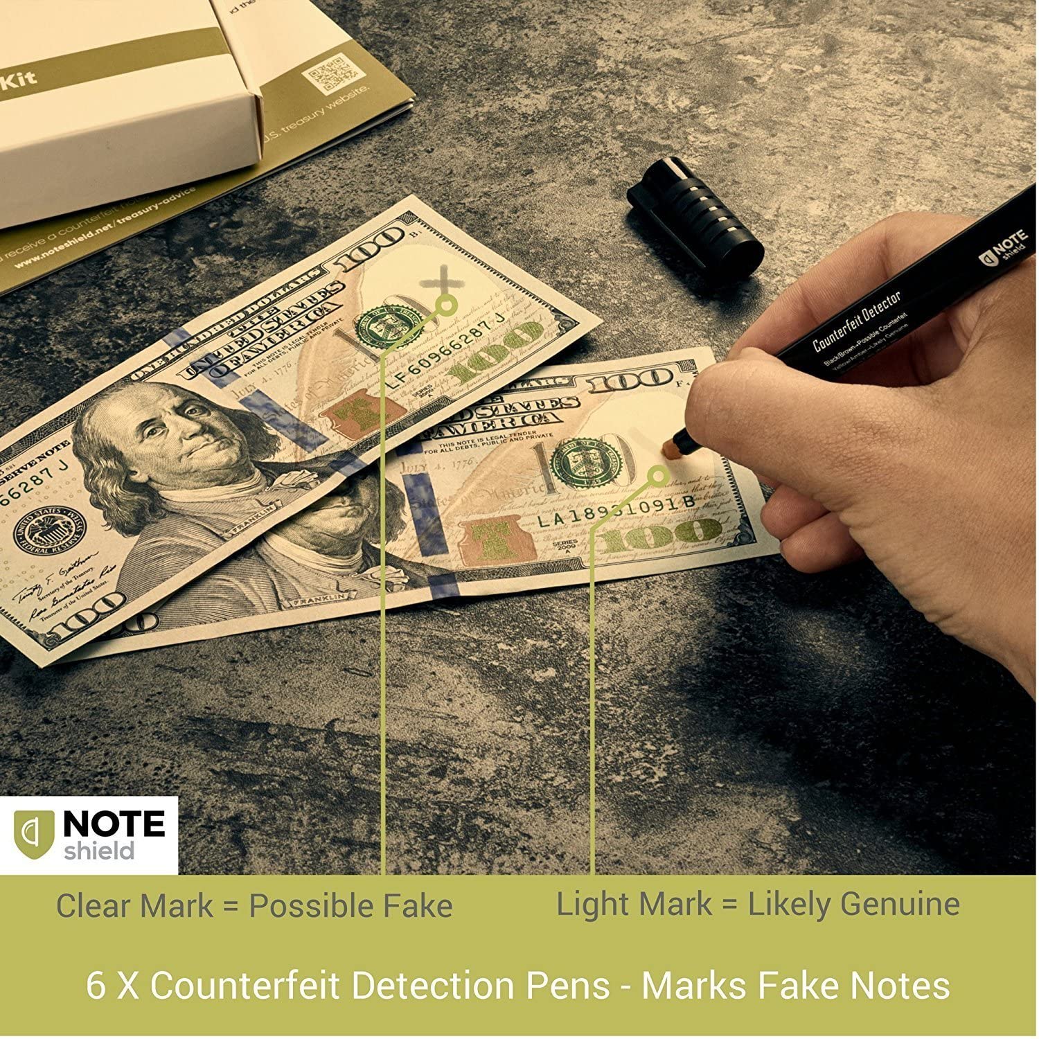 NoteShield 6 Pack Counterfeit Detector Pen Counterfeit Pens Bill Pens Money Marker Detect Fake Marker, Check Bills False Currency Counterfit Marker Pen