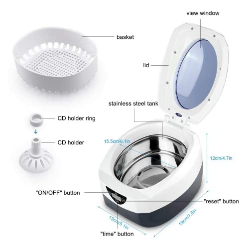 Ultrasonic Cleaner Low Noise Wash Machine for Cleaning Eyeglasses Jewelrys Watches Razors Dentures Combs Tools Instruments - 750 ml