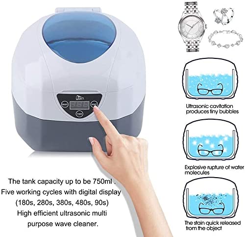 Ultrasonic Cleaner Low Noise Wash Machine for Cleaning Eyeglasses Jewelrys Watches Razors Dentures Combs Tools Instruments - 750 ml