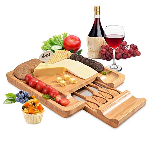 FITNATE Bamboo Cheese Board Set, 13inch Square Charcuterie Board with Cutlery in Slide-Out Drawer Including 4 Stainless Steel Serving Utensils, Gift for Christmas, Birthday, Wedding, Housewarming