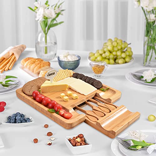 FITNATE Bamboo Cheese Board Set, 13inch Square Charcuterie Board with Cutlery in Slide-Out Drawer Including 4 Stainless Steel Serving Utensils, Gift for Christmas, Birthday, Wedding, Housewarming