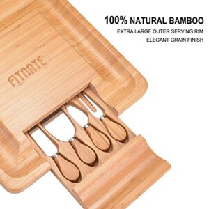 FITNATE Bamboo Cheese Board Set, 13inch Square Charcuterie Board with Cutlery in Slide-Out Drawer Including 4 Stainless Steel Serving Utensils, Gift for Christmas, Birthday, Wedding, Housewarming