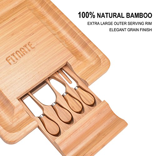 FITNATE Bamboo Cheese Board Set, 13inch Square Charcuterie Board with Cutlery in Slide-Out Drawer Including 4 Stainless Steel Serving Utensils, Gift for Christmas, Birthday, Wedding, Housewarming