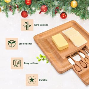 FITNATE Bamboo Cheese Board Set, 13inch Square Charcuterie Board with Cutlery in Slide-Out Drawer Including 4 Stainless Steel Serving Utensils, Gift for Christmas, Birthday, Wedding, Housewarming