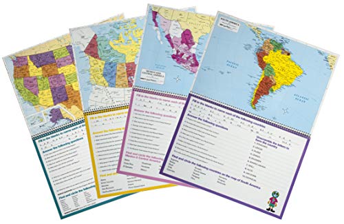 Painless Learning Educational Workbook Eight Geography Full Color Detailed Laminated Maps USA,World,Canada,Mexico,South America,Europe,Africa and Asia