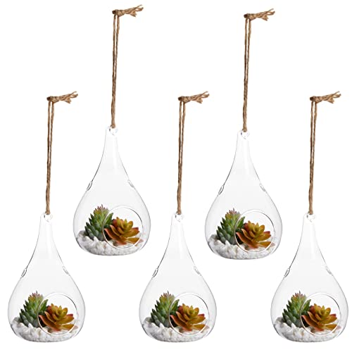 5-Pack Hanging Glass Terrarium Containers for Air Plants, Succulent Planter Vase Hangers for Home Decoration, Teardrop Tealight Ornaments, Candle Holder, Unique Decor, Centerpiece (3x5.5 in)