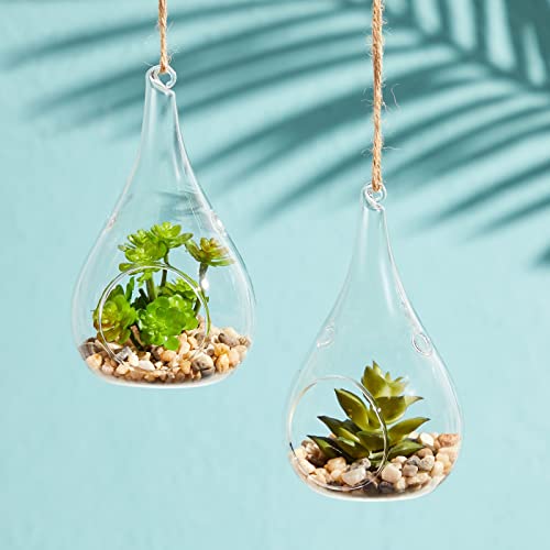 5-Pack Hanging Glass Terrarium Containers for Air Plants, Succulent Planter Vase Hangers for Home Decoration, Teardrop Tealight Ornaments, Candle Holder, Unique Decor, Centerpiece (3x5.5 in)