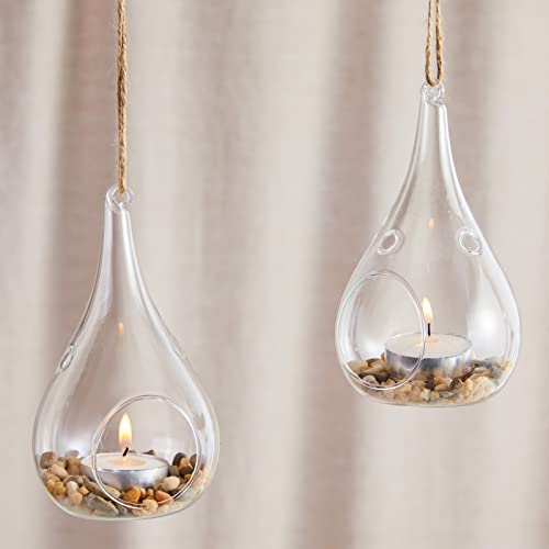 5-Pack Hanging Glass Terrarium Containers for Air Plants, Succulent Planter Vase Hangers for Home Decoration, Teardrop Tealight Ornaments, Candle Holder, Unique Decor, Centerpiece (3x5.5 in)