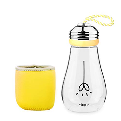 Keemanman Creative Bulb Cup,BPA Free Glass Travel Tea Mug,Cute Water Bottle with Neoprene Sleeve 14 Ounce (yellow)