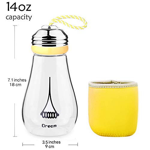 Keemanman Creative Bulb Cup,BPA Free Glass Travel Tea Mug,Cute Water Bottle with Neoprene Sleeve 14 Ounce (yellow)