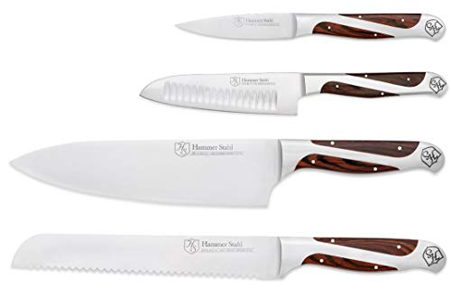 Hammer Stahl 4 Piece Knife Set - Chef Essential Kitchen Knives with Bread, Chef, Santoku, and Paring Knives in Padded Foam Box - German High Carbon Stainless Steel