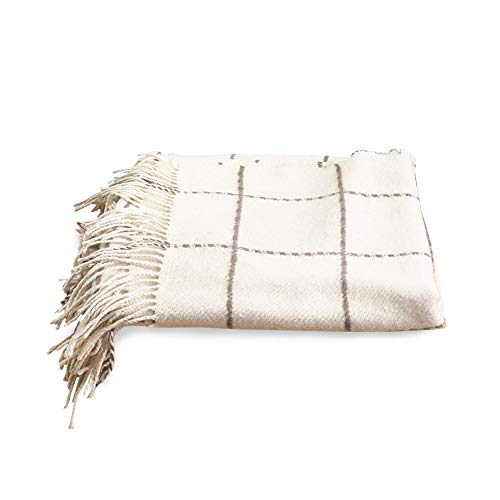 SARO LIFESTYLE Geometric Windowpane Design Tassel Wool Blend Throw Blanket, 50" x 60", Ivory