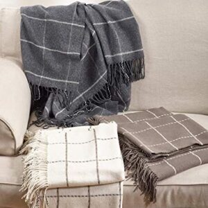 SARO LIFESTYLE Geometric Windowpane Design Tassel Wool Blend Throw Blanket, 50" x 60", Ivory