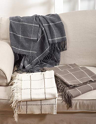 SARO LIFESTYLE Geometric Windowpane Design Tassel Wool Blend Throw Blanket, 50" x 60", Ivory