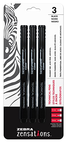 Zebra Pen Zensations Technical Pen, Assorted Point Sizes, Black Ink, 3-Count