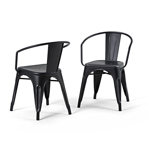 SIMPLIHOME Larkin Industrial Metal Dining Arm Chair (Set of 2) in Distressed Black, Silver, Fully Assembled, For the Dining Room