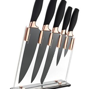 6 Piece Knife Set | 5 Beautiful Rose Gold Knives with Knife Block | Sharp Kitchen Knife Sets | Multiple Size, All Purpose Kitchen Knives | 8” Chef, Bread, & Carving Knife | Utility & Paring Knife