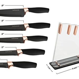 6 Piece Knife Set | 5 Beautiful Rose Gold Knives with Knife Block | Sharp Kitchen Knife Sets | Multiple Size, All Purpose Kitchen Knives | 8” Chef, Bread, & Carving Knife | Utility & Paring Knife