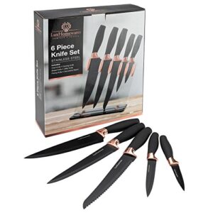 6 Piece Knife Set | 5 Beautiful Rose Gold Knives with Knife Block | Sharp Kitchen Knife Sets | Multiple Size, All Purpose Kitchen Knives | 8” Chef, Bread, & Carving Knife | Utility & Paring Knife