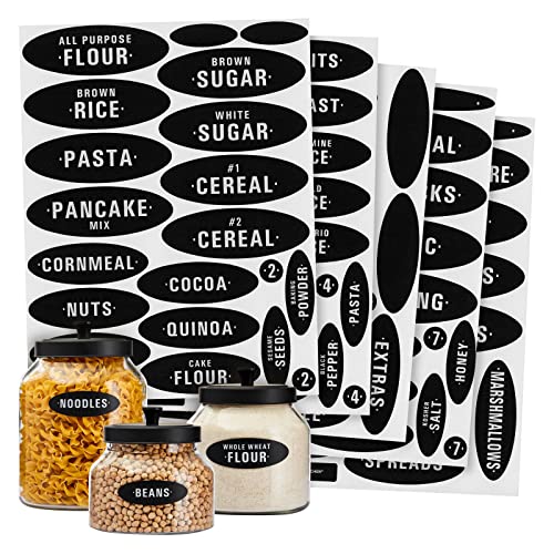 158 Pieces Chalkboard Pantry Labels for Food Containers, Preprinted White All Caps on Black Stickers for Jars, Kitchen Canisters (Water Resistant)