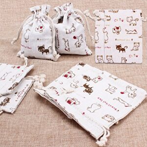 Amariver 24 Pcs Cute Cat Burlap Drawstring Bag Double Drawstring Linen Bags Reusable Linen Pouches, Perfect for Jewelry Pouch, Wedding Birthday Parties Favor, Gift/Candy Bags, Set of 24