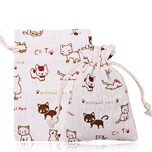 Amariver 24 Pcs Cute Cat Burlap Drawstring Bag Double Drawstring Linen Bags Reusable Linen Pouches, Perfect for Jewelry Pouch, Wedding Birthday Parties Favor, Gift/Candy Bags, Set of 24