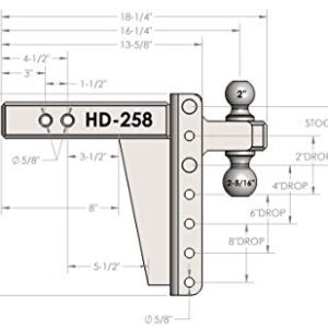 BulletProof Hitches 2.5" Adjustable Heavy Duty (22,000lb Rating) 8" Drop/Rise Trailer Hitch with 2" and 2 5/16" Dual Ball (Black Textured Powder Coat, Solid Steel)