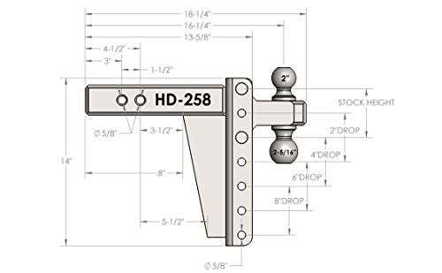 BulletProof Hitches 2.5" Adjustable Heavy Duty (22,000lb Rating) 8" Drop/Rise Trailer Hitch with 2" and 2 5/16" Dual Ball (Black Textured Powder Coat, Solid Steel)