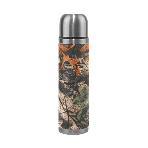 ALAZA Real Tree Camouflage Vacuum Insulated Stainless Steel Water Bottle Double Wall Construction Leak Proof Thermos Flask Genuine Leather Cover 17 Oz