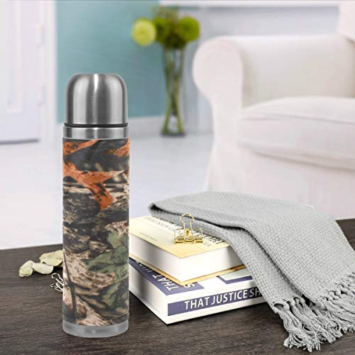 ALAZA Real Tree Camouflage Vacuum Insulated Stainless Steel Water Bottle Double Wall Construction Leak Proof Thermos Flask Genuine Leather Cover 17 Oz