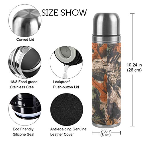 ALAZA Real Tree Camouflage Vacuum Insulated Stainless Steel Water Bottle Double Wall Construction Leak Proof Thermos Flask Genuine Leather Cover 17 Oz