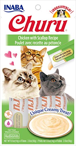 INABA Churu Lickable Purée Natural Cat Treats (Chicken with Scallop Recipe, 4 Tubes)