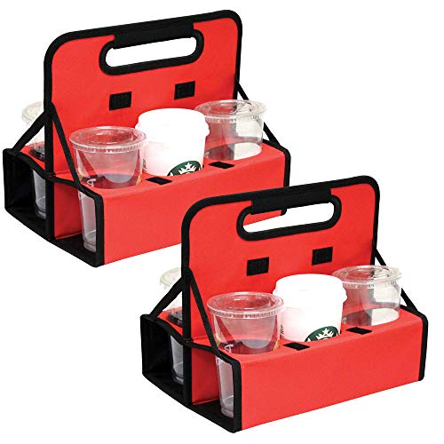 Preferred Nation Reusable Cup Carrier/Caddy (Set of 2), Holds 6 Soda Coffee Cups or Cans, Sturdy Frame and Solid Base, Foldable Convenient Easy to Carry | Great for Food Delivery Red