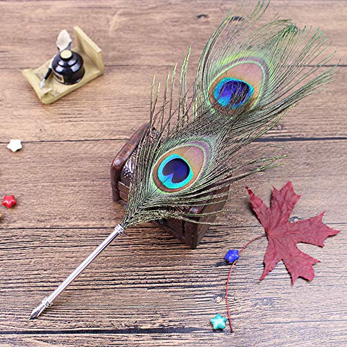 Peacock Feather Quill Pen Calligraphy Writing Dip Pen with Ink for Kids Friends, Write Smoothly, Birthday Wedding Gift Set