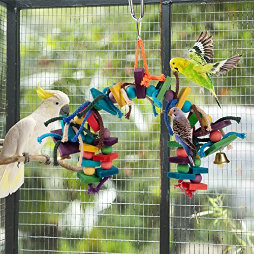 MEWTOGO Bird Parrot Wooden Toys, Multicolor Durable Bird Chewing Toy with Edible Coloring for Bird Cage Conures Cockatiels Foraging and Amazon Parrot Toys