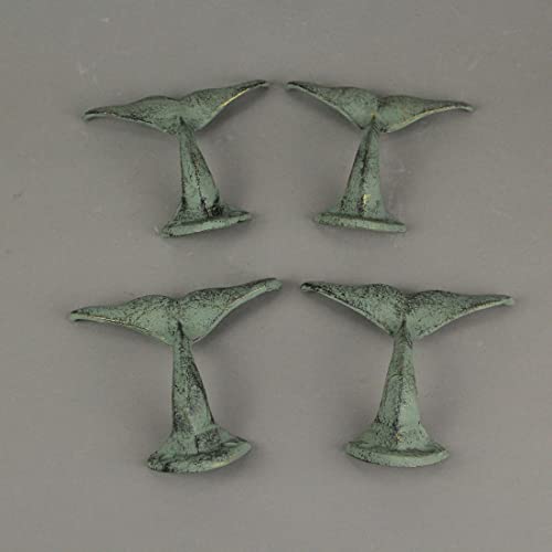 Zeckos Set of 4 Verdigris Green Finish Cast Iron Whale Tail Wall Hooks Nautical Décor 4.5 Inches Long