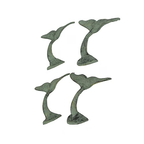 Zeckos Set of 4 Verdigris Green Finish Cast Iron Whale Tail Wall Hooks Nautical Décor 4.5 Inches Long