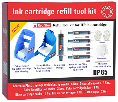 Red Star Ink Cartridge Refill Tool kit for hp 63 62 61 60 64 65 67 & 901 Black and Color Ink Cartridge ( Tools for Ink Filling, Nozzle Cleaning, Ink Suction Priming Holder Clip & Instructions )