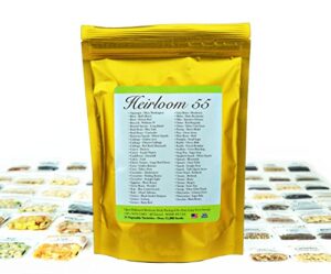 heirloom futures seed pack with 55 varieties of vegetable seeds. 100% non gmo open pollinated non-hybrid naturally grown premium usa seed stock for all gardeners.