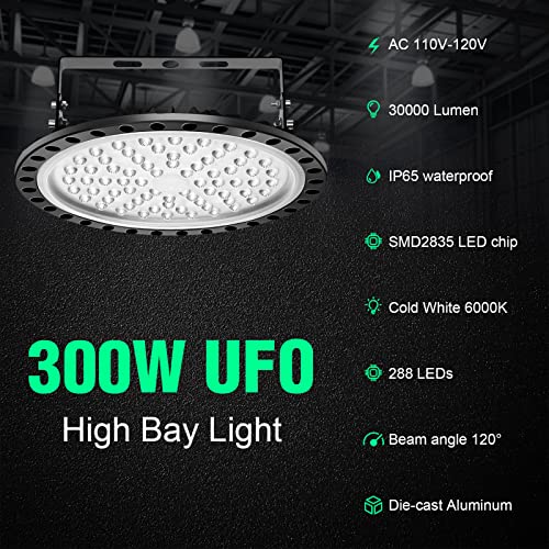 Viugreum UFO LED High Bay Light 300W, 30000LM Commercial Bay Lighting Daylight White (6000-6500K), IP65 Waterproof LED Warehouse Lighting for Garage Factory Workshop Ship from USA take 5-7 days to you