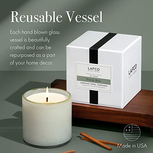 LAFCO New York Classic Candle, Feu de Bois - 6.5 oz - 50-Hour Burn Time - Reusable, Hand Blown Glass Vessel - Made in The USA