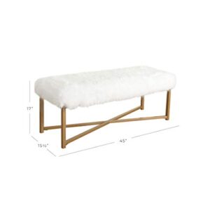 HomePop Faux Fur Rectangle Dining Bench with Metal Base, White