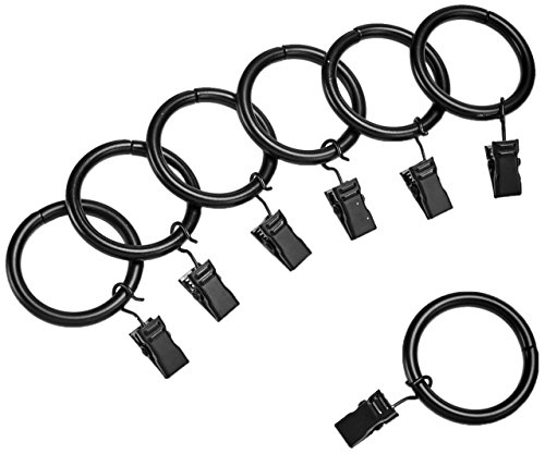 Amazon Basics 1" Curtain Rod with Round Finials, 72" to 144" and Amazon Basics 1" Curtain Clip Ring, Set of 7, Black