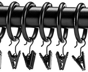 Amazon Basics 1" Curtain Rod with Round Finials, 72" to 144" and Amazon Basics 1" Curtain Clip Ring, Set of 7, Black