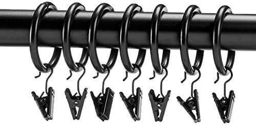 Amazon Basics 1" Curtain Rod with Round Finials, 72" to 144" and Amazon Basics 1" Curtain Clip Ring, Set of 7, Black